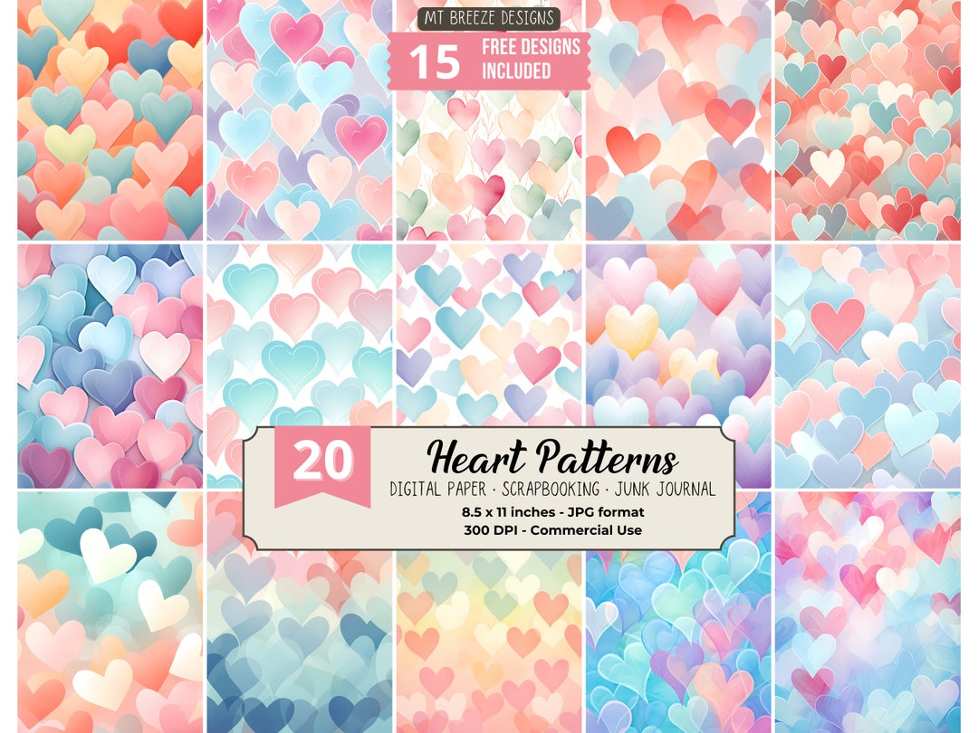 20 Heart Pattern Digital Paper Set, Valentine Candy Background ...