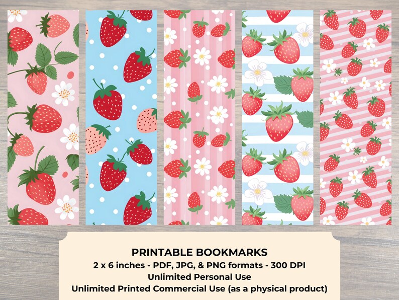 15 Strawberry Pattern PRINTABLE Bookmarks, High Resolution Digital ...