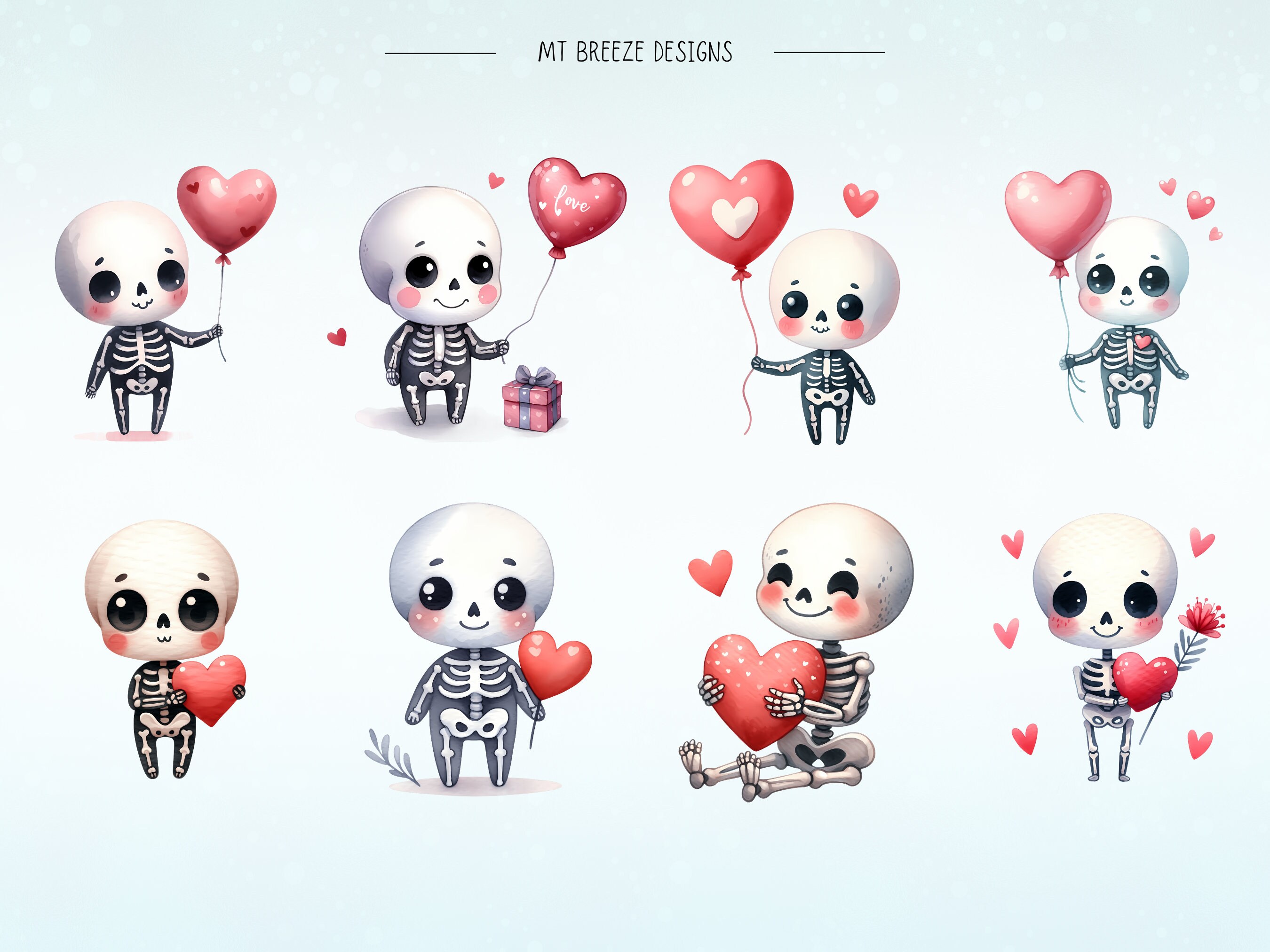 24 Valentine Skeleton Watercolor Clipart Set Cute and Spooky - Etsy