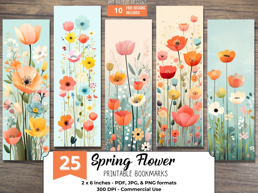 Spring Flowers PRINTABLE Bookmarks, Whimsical Garden Digital Download ...