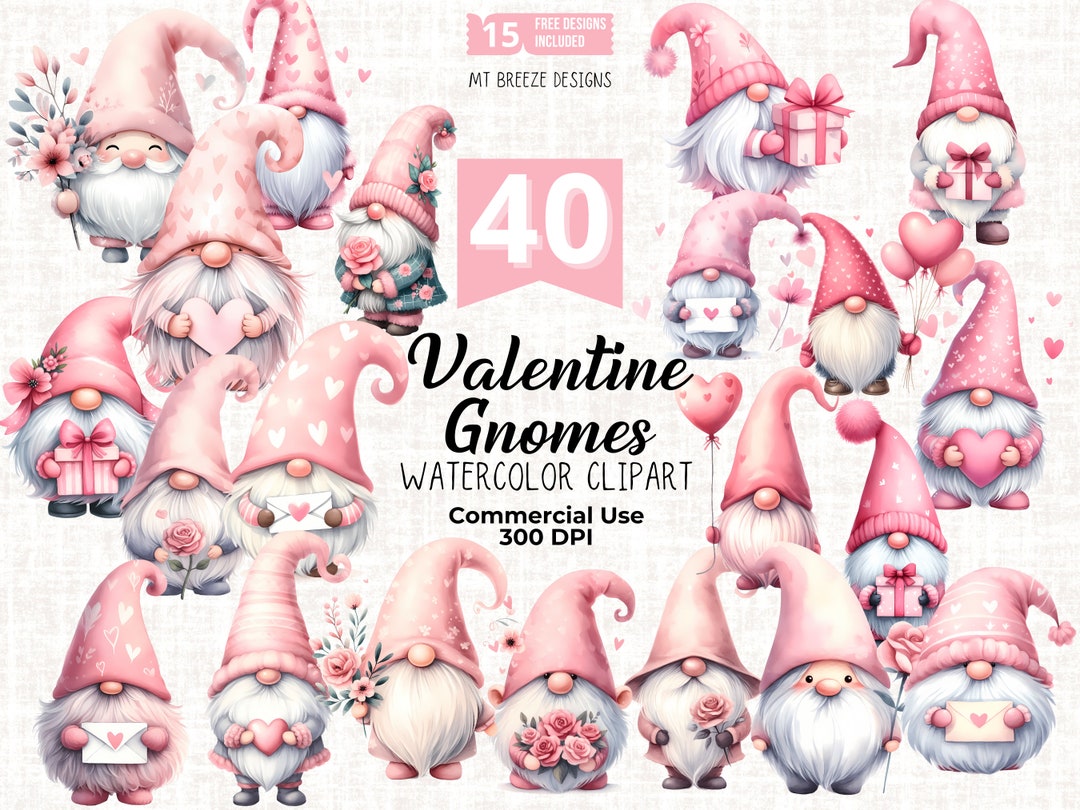 40 Valentine Gnomes Clipart Set - High Resolution Pink Heart Gnome Clip ...