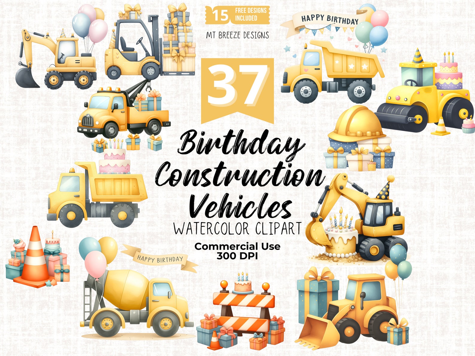 37 Birthday Construction Vehicle Clipart Set - Dump Truck Excavator ...