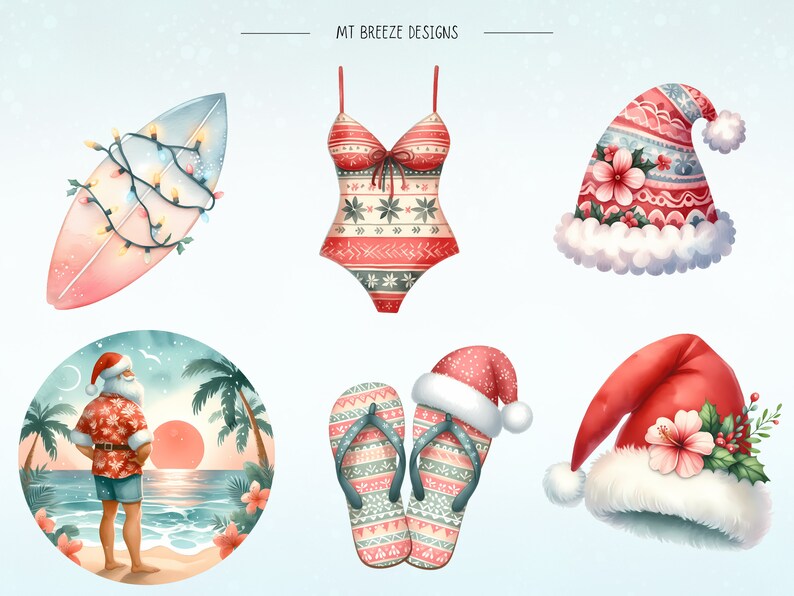 23 Tropical Christmas Clipart Set - High Resolution Surfing Santa Beach ...