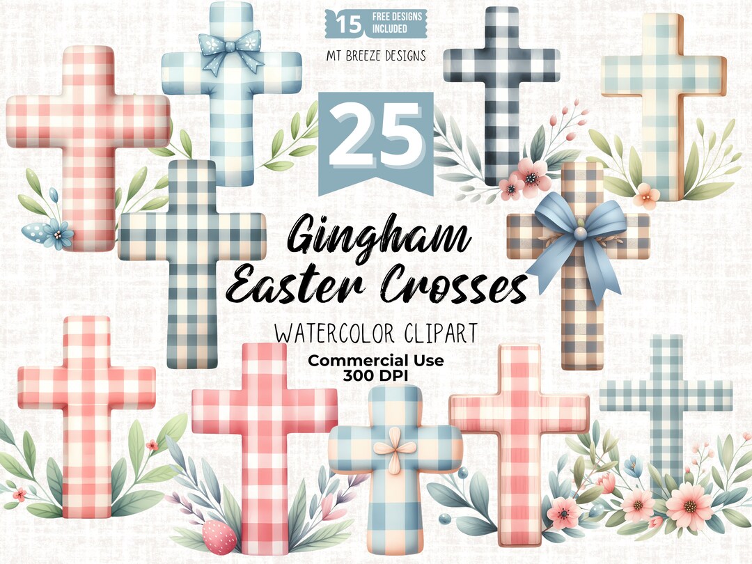 25 Gingham Easter Cross Clipart Set - Country Christian Crucifix Clip ...