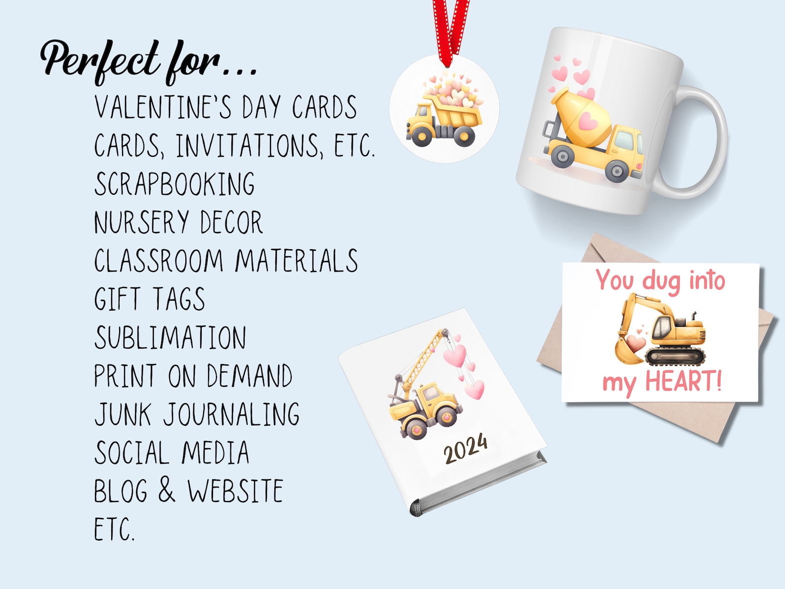 33 Construction Vehicle Valentine Clipart Set - Excavator & Dump Truck ...