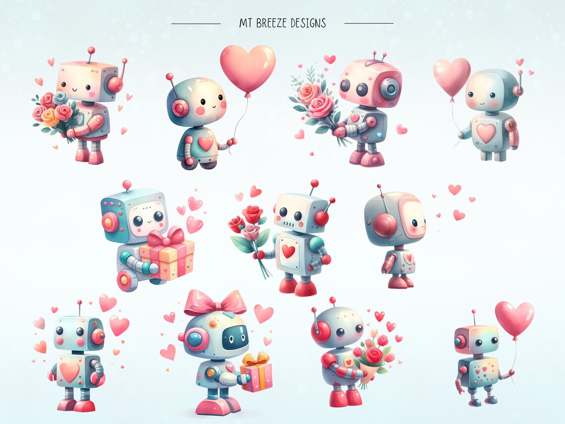50 Valentine Robot Clipart Set Robot Hearts and Love Clip Art PNG Files ...