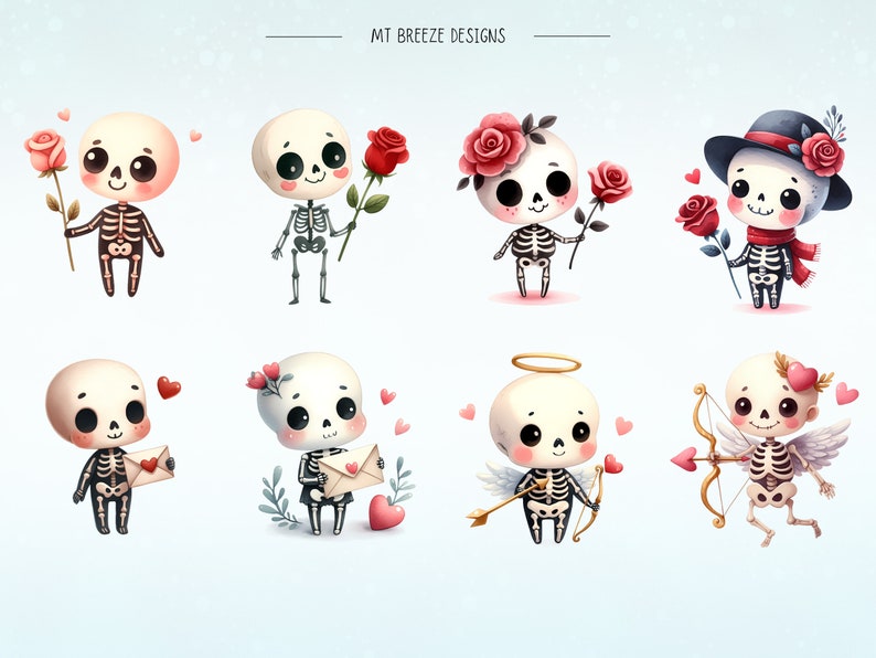 24 Valentine Skeleton Watercolor Clipart Set, Cute and Spooky Valentine ...