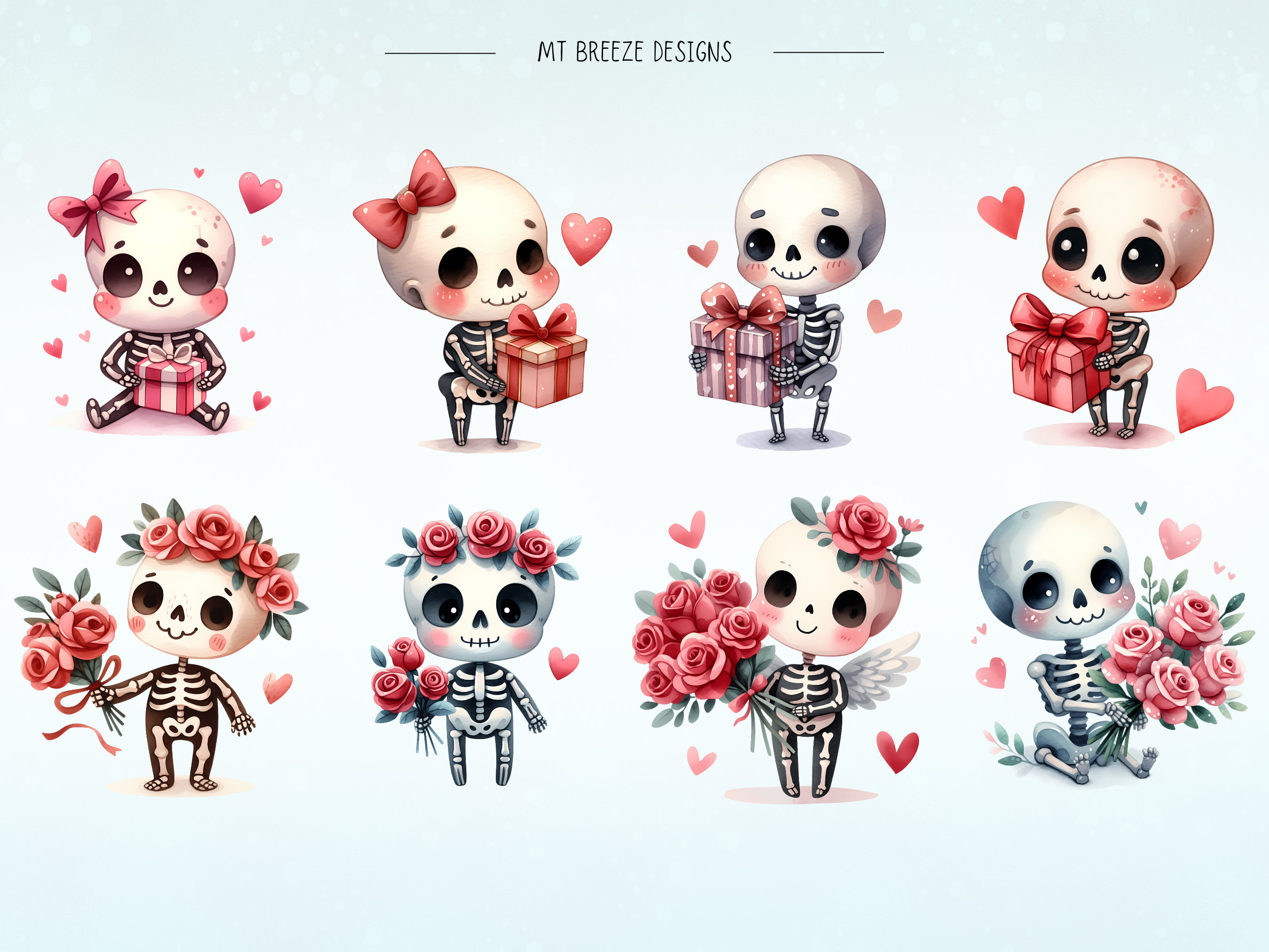 24 Valentine Skeleton Watercolor Clipart Set Cute and Spooky - Etsy