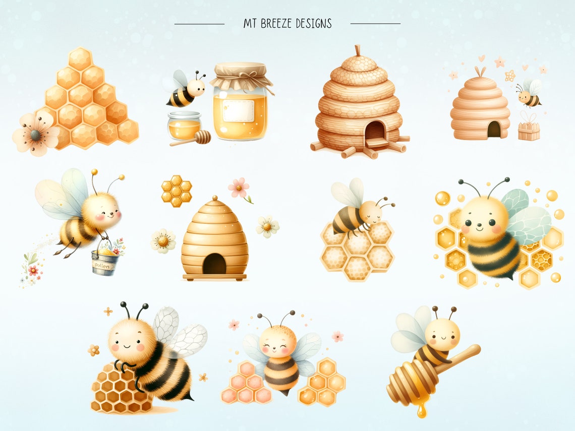 32 Bees Clipart Set Cute Bee Hive and Honey Comb Clip Art PNG Files for ...