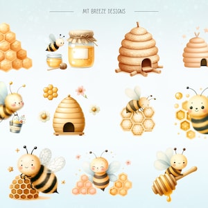 32 Bees Clipart Set - Cute Bee Hive and Honey Comb Clip Art PNG Files ...