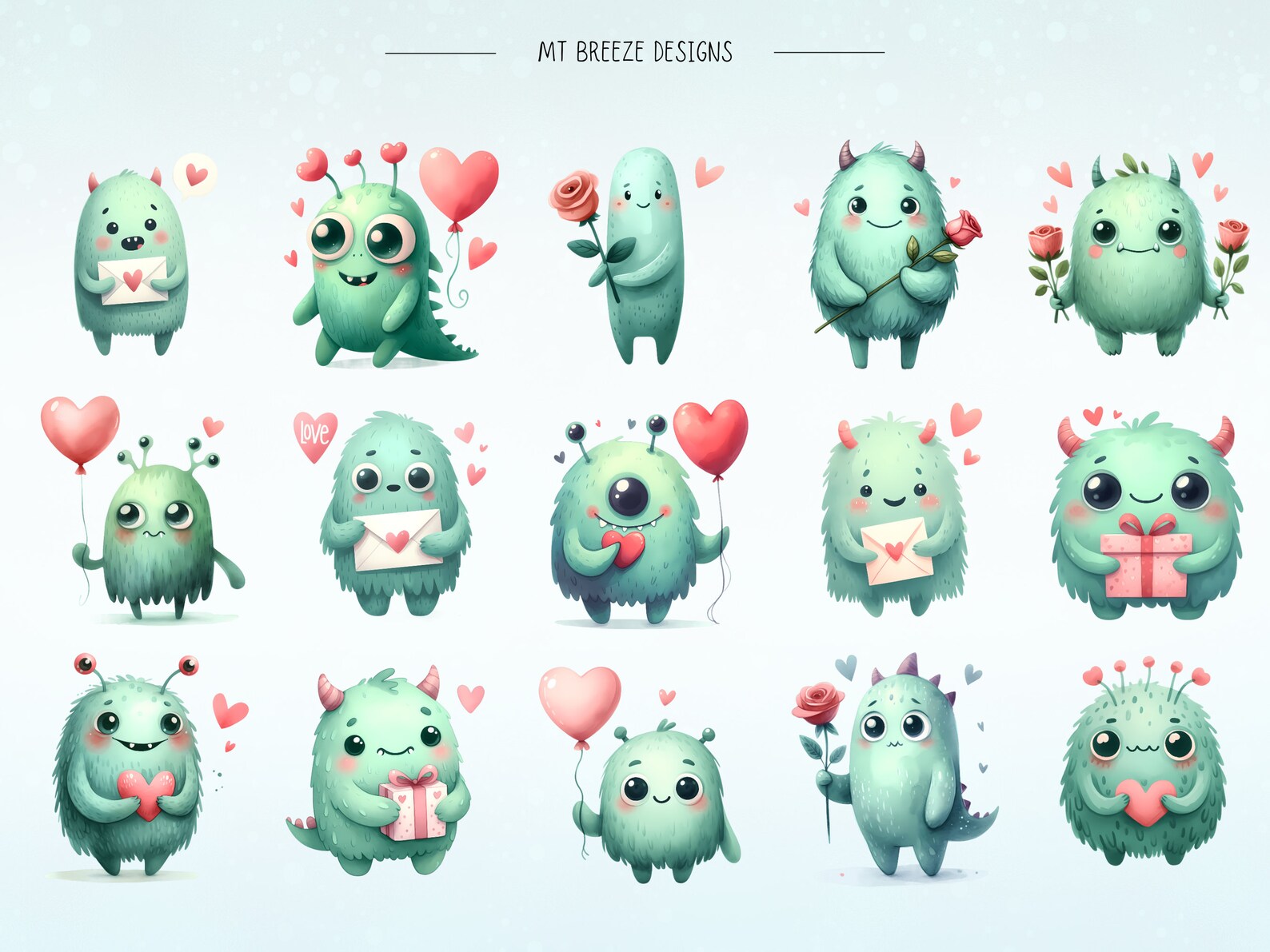 87 Valentine Monsters Watercolor Clipart Set, Cute Whimsical Alien Clip ...