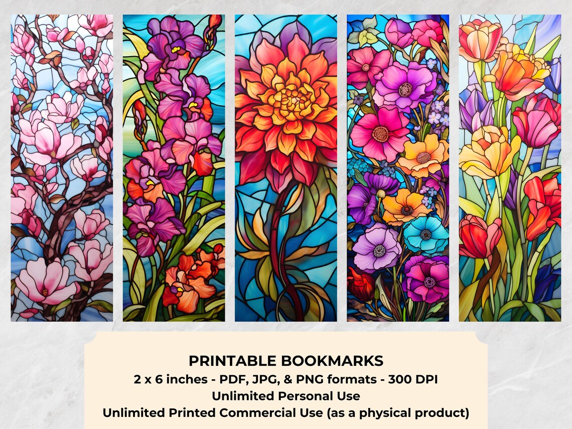 Stained Glass Flowers PRINTABLE Bookmarks High Resolution - Etsy