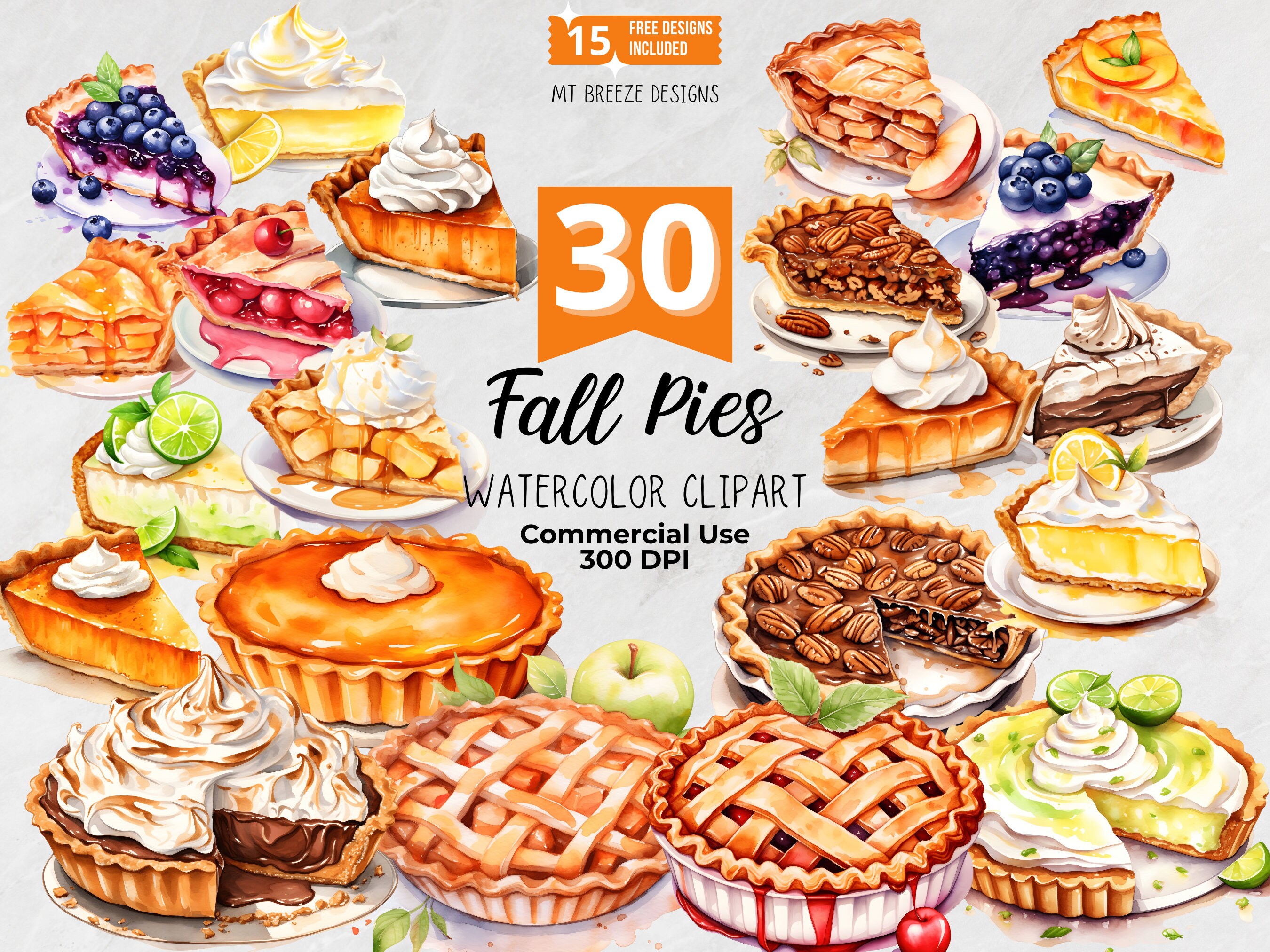 Fall Pies Watercolor Clipart Set, High Resolution Thanksgiving Pumpkin ...