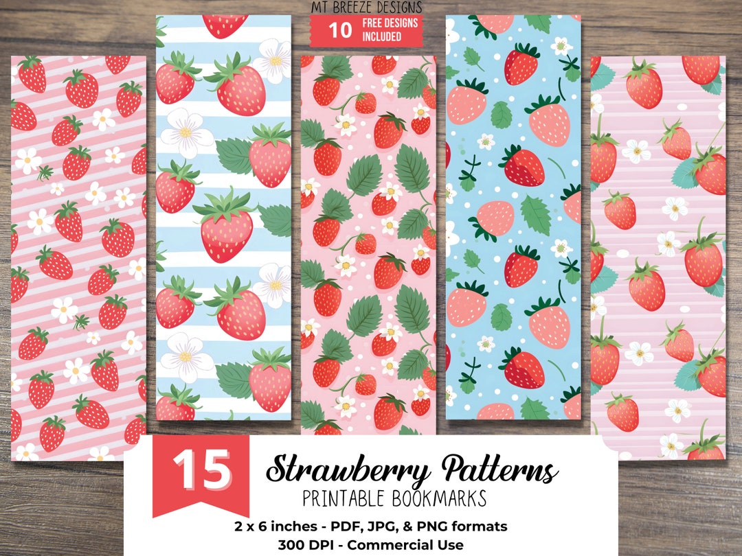 15 Strawberry Pattern PRINTABLE Bookmarks, High Resolution Digital ...