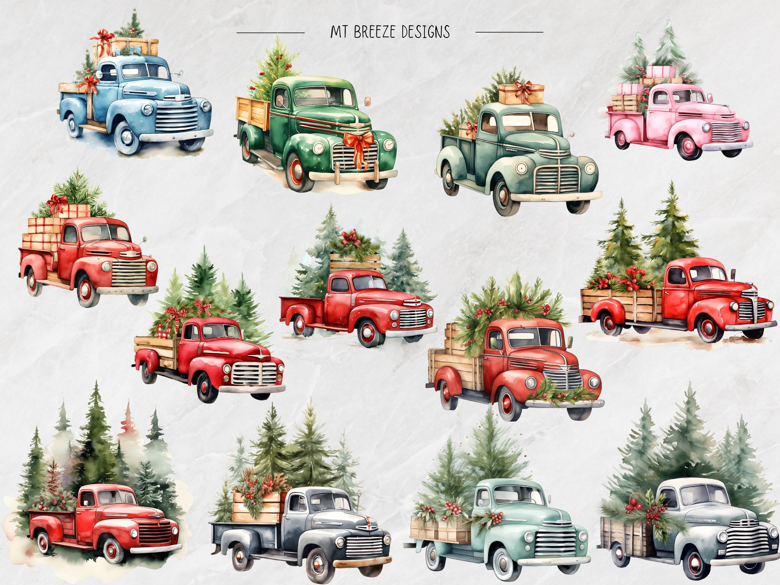 30 Christmas Trucks Watercolor Clipart Set - High Resolution Rustic Red ...