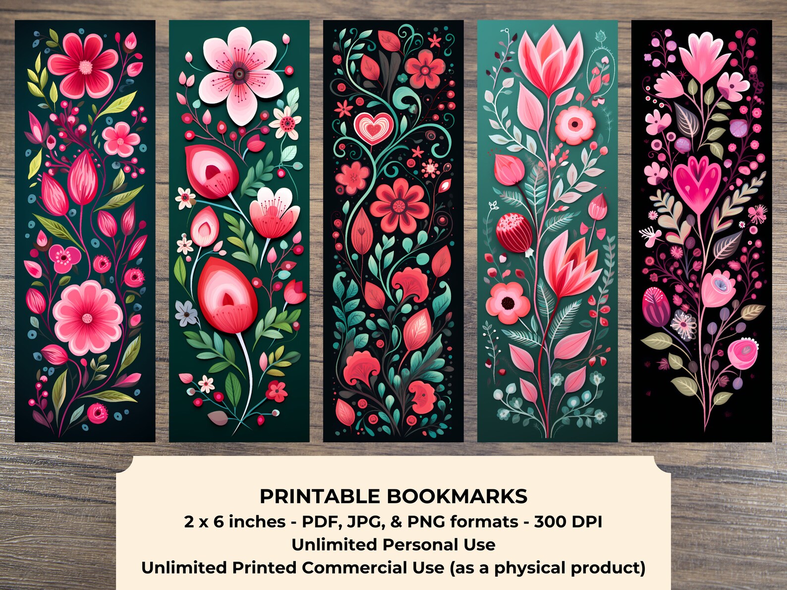 Boho Flowers PRINTABLE Bookmarks, Floral Folk Art JPG Bookmark Set, Png ...