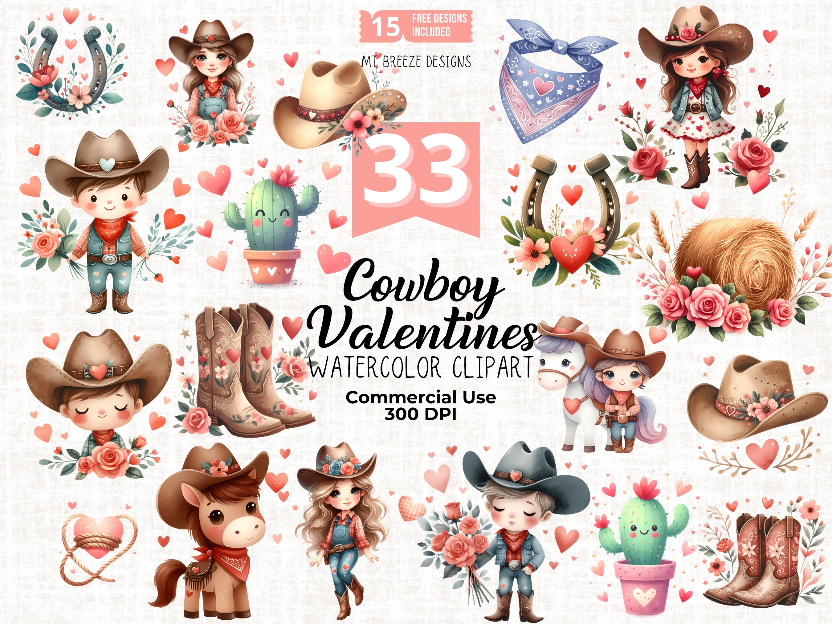 33 Cowboy Valentine Clipart Set - High Resolution Western Cowgirl Clip ...