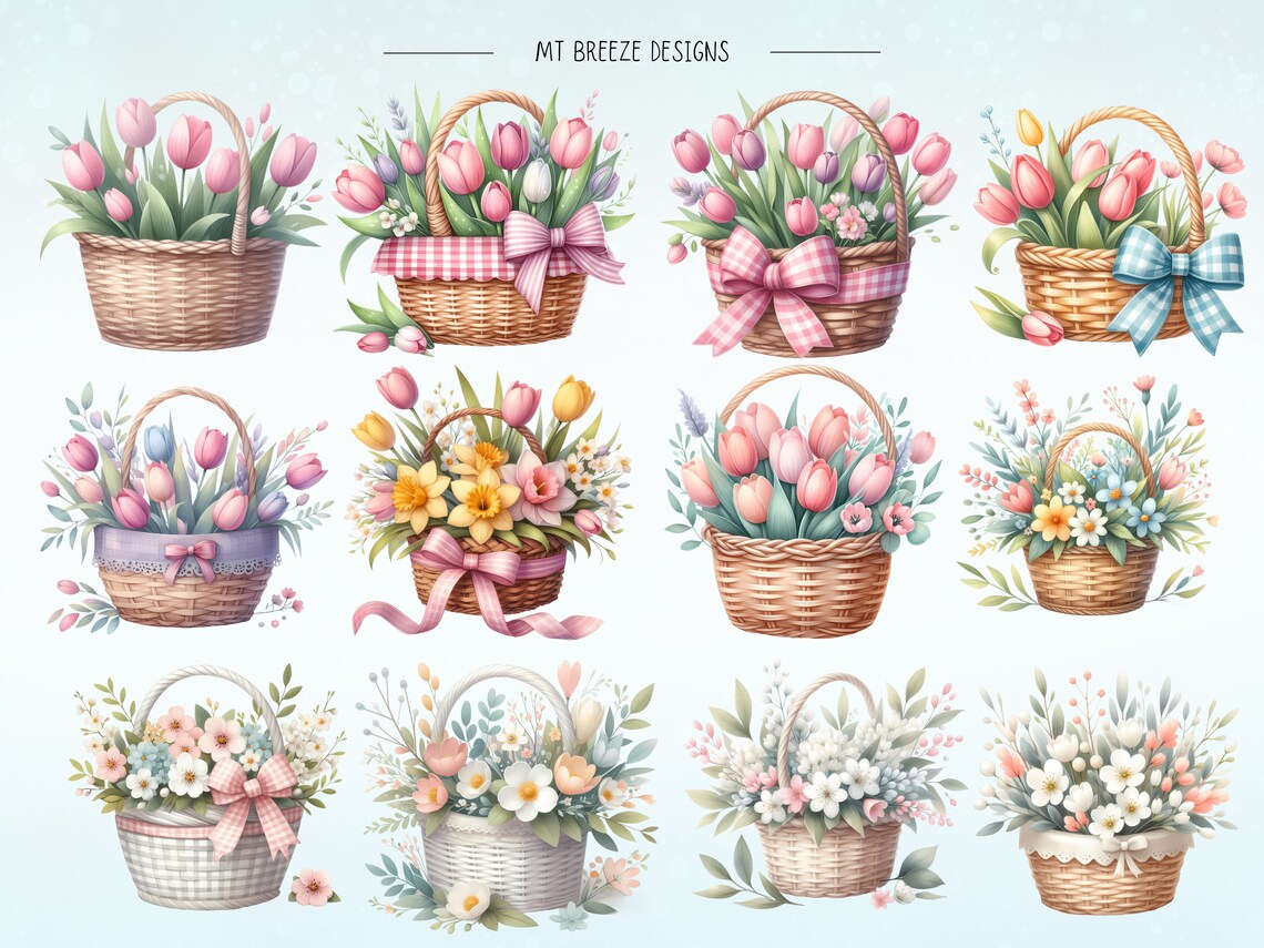 35 Spring Flower Basket Clipart Set Floral Watercolor Clip Art PNG ...