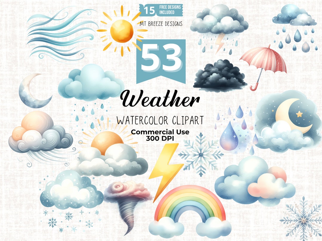 53 Weather Clipart Set - Cute Sun, Moon, and Rain Cloud Clip Art PNG ...