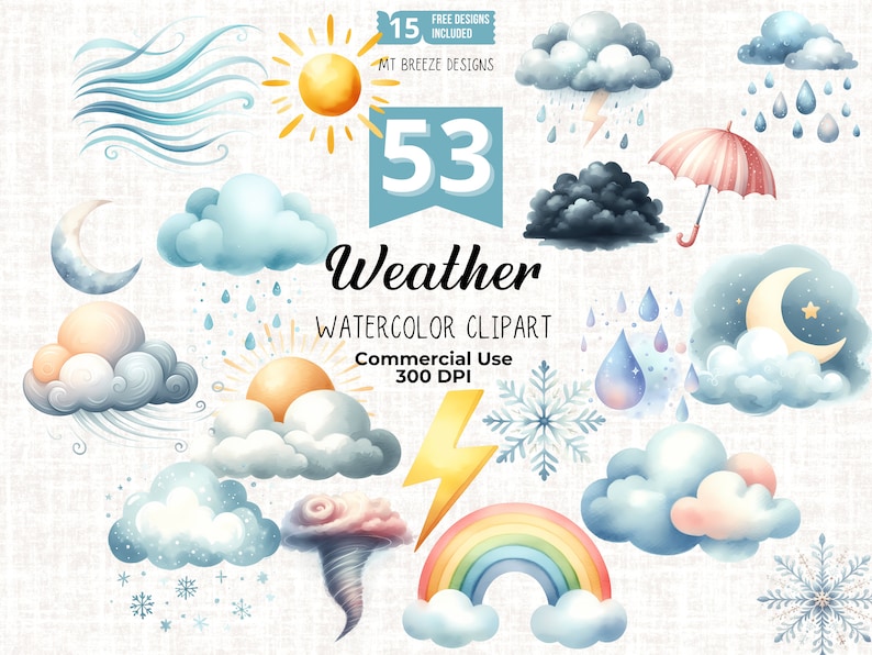 53 Weather Clipart Set Cute Sun, Moon, and Rain Cloud Clip Art PNG ...