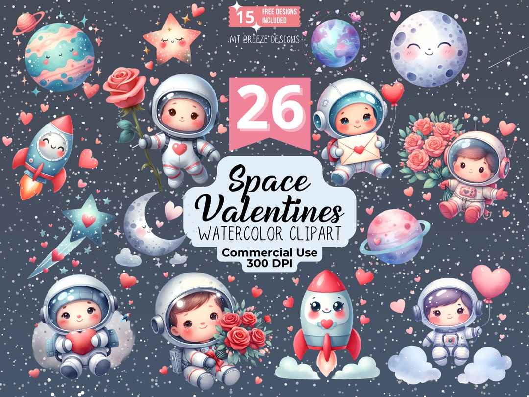 26 Space Valentine Watercolor Clipart Set, Astronaut and Planet Clip ...