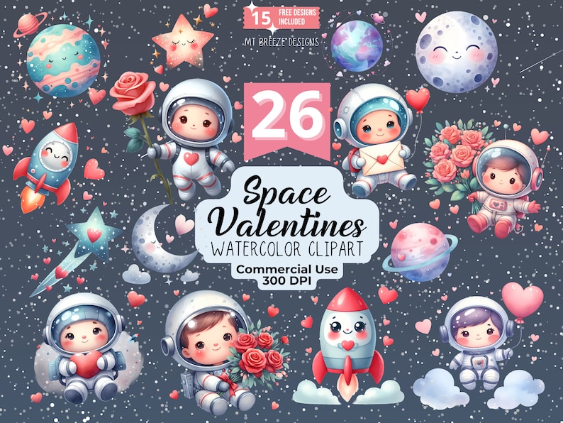 26 Space Valentine Watercolor Clipart Set, Astronaut and Planet Clip ...