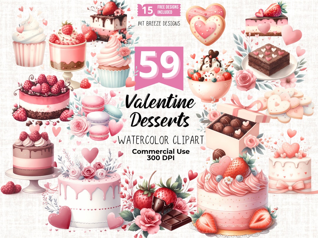87 Valentine Desserts Watercolor Clipart Set, Cute Cake Cookie Clip Art ...