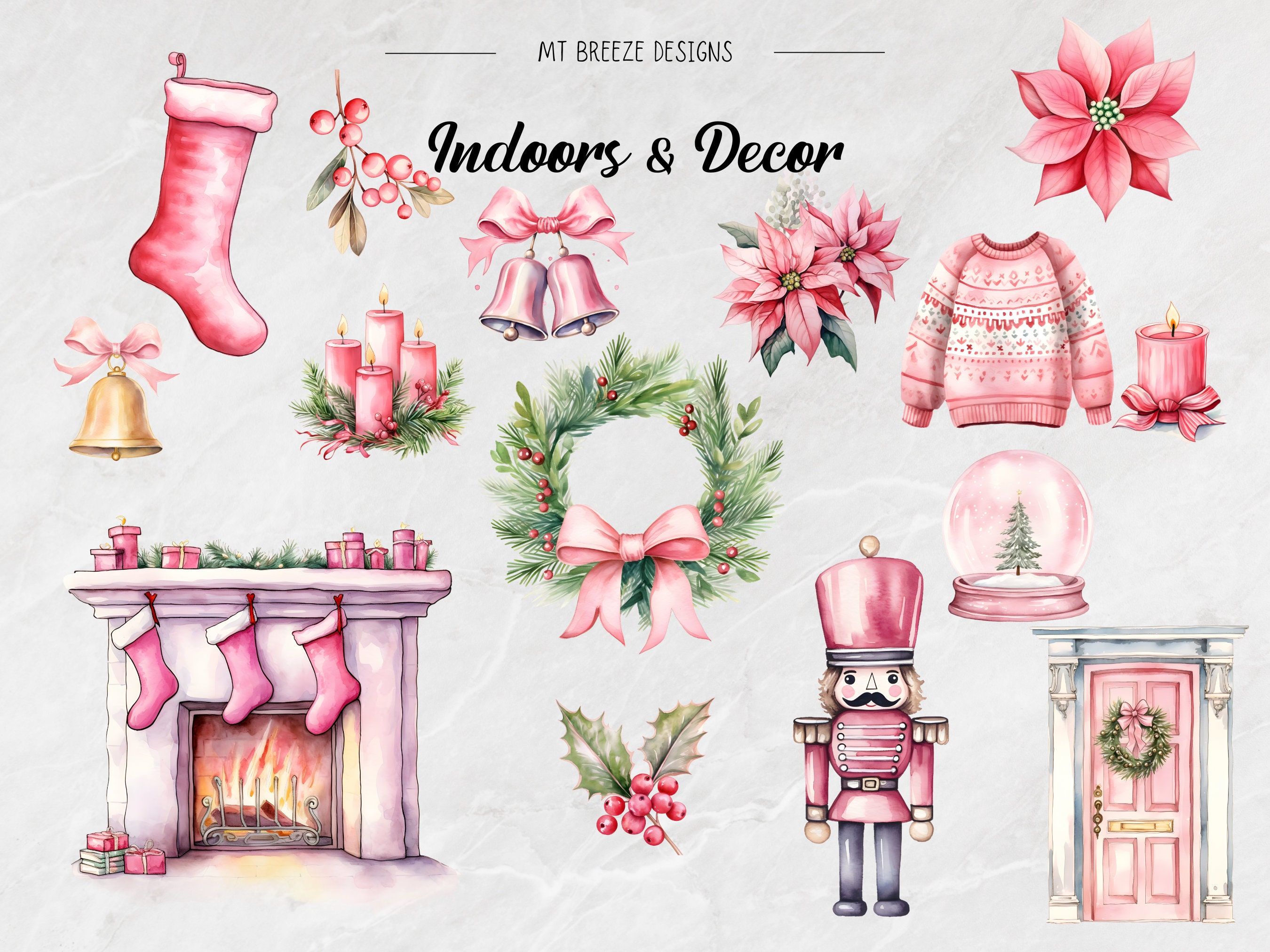 58 Pink Christmas Watercolor Clipart Set - High Resolution Pink Xmas ...
