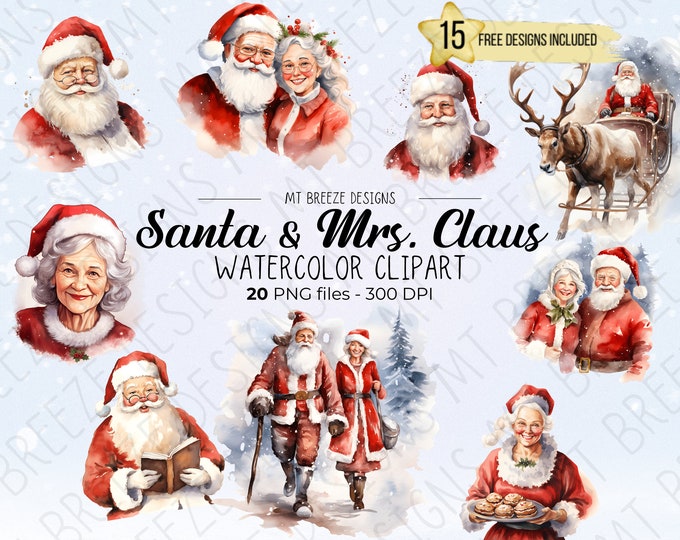 Santa and Mrs Claus Clipart, Watercolor Style, Transparent Background ...