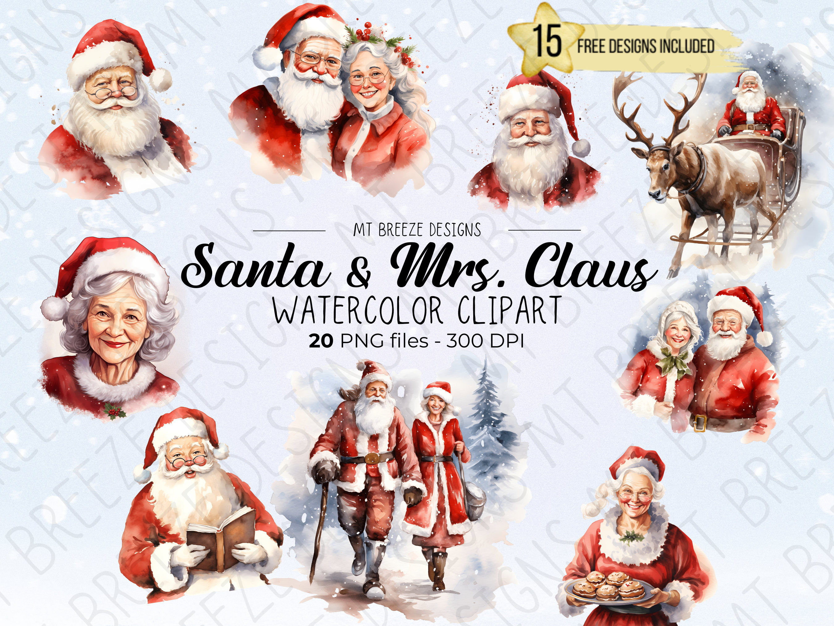 20 Santa and Mrs. Claus Watercolor Clipart Set - High Resolution ...