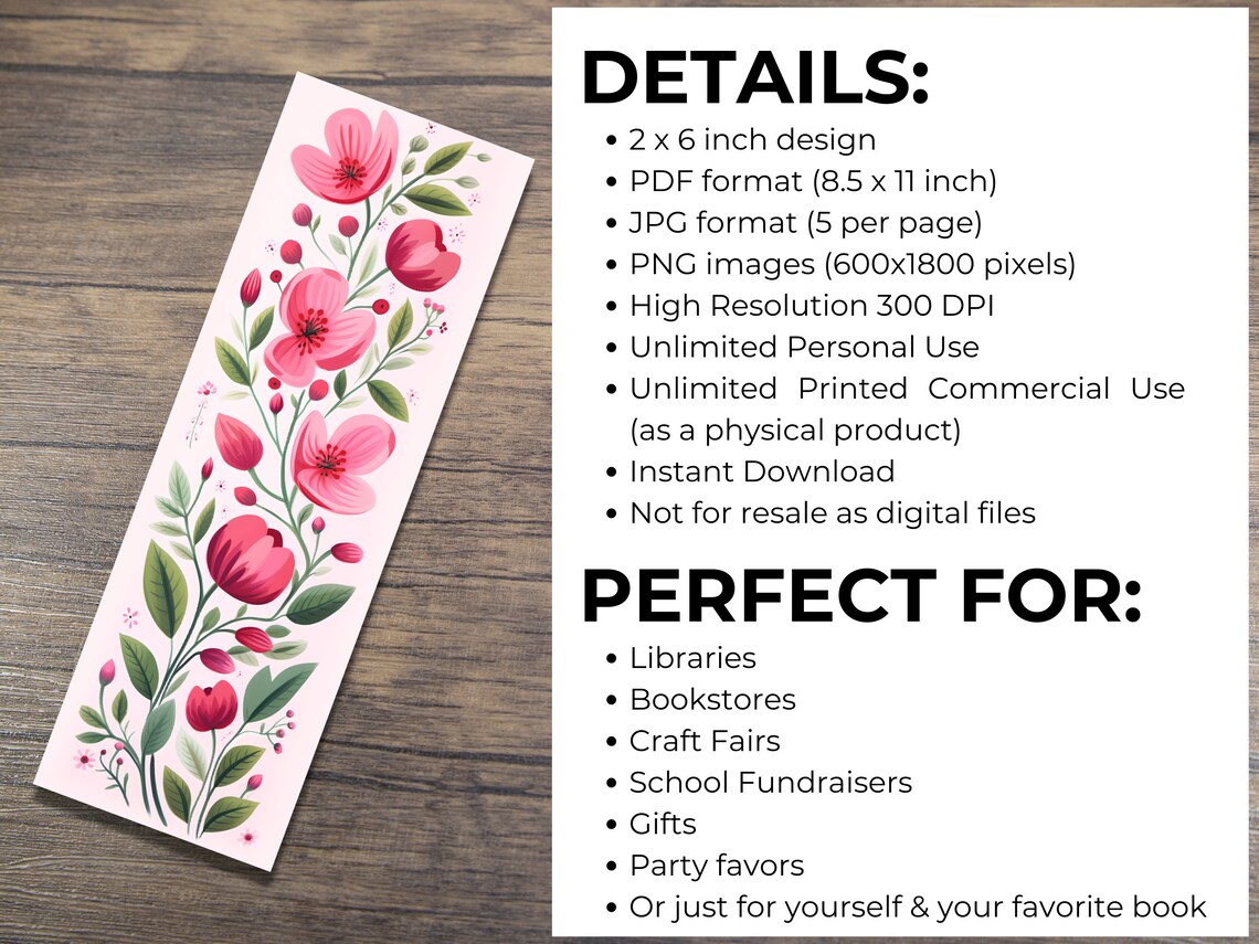 Boho Flowers PRINTABLE Bookmarks, Floral Folk Art JPG Bookmark Set, Png ...