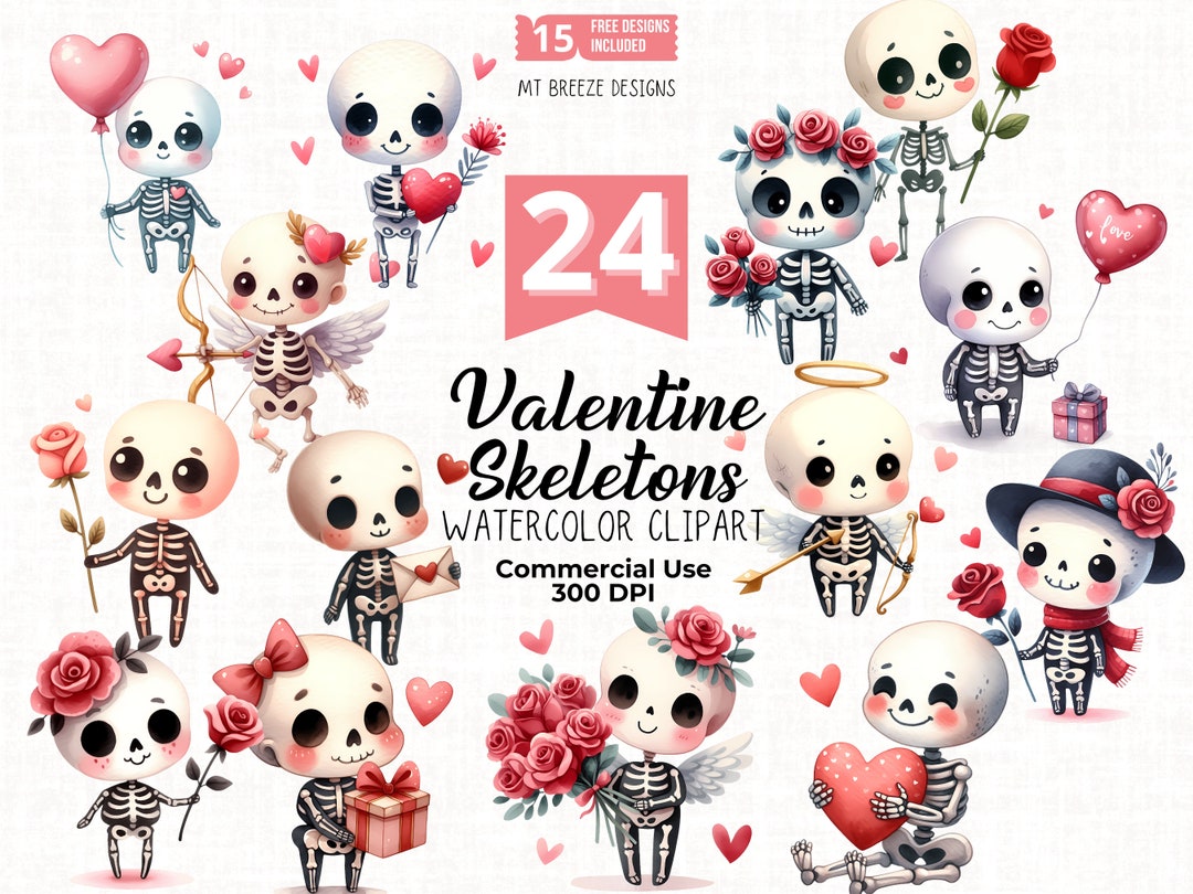 24 Valentine Skeleton Watercolor Clipart Set, Cute and Spooky Valentine ...