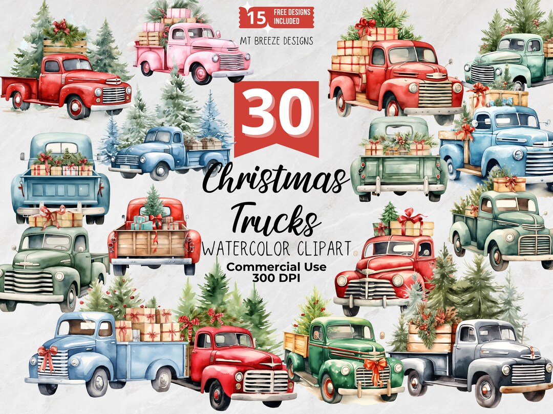 30 Christmas Trucks Watercolor Clipart Set - High Resolution Rustic Red ...