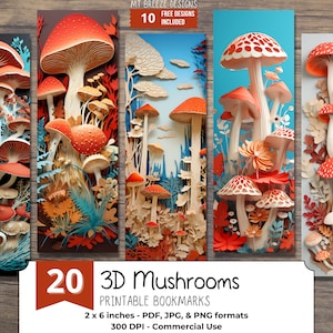 3D Mushroom PRINTABLE Bookmarks, High Resolution Digital Download Paper ...