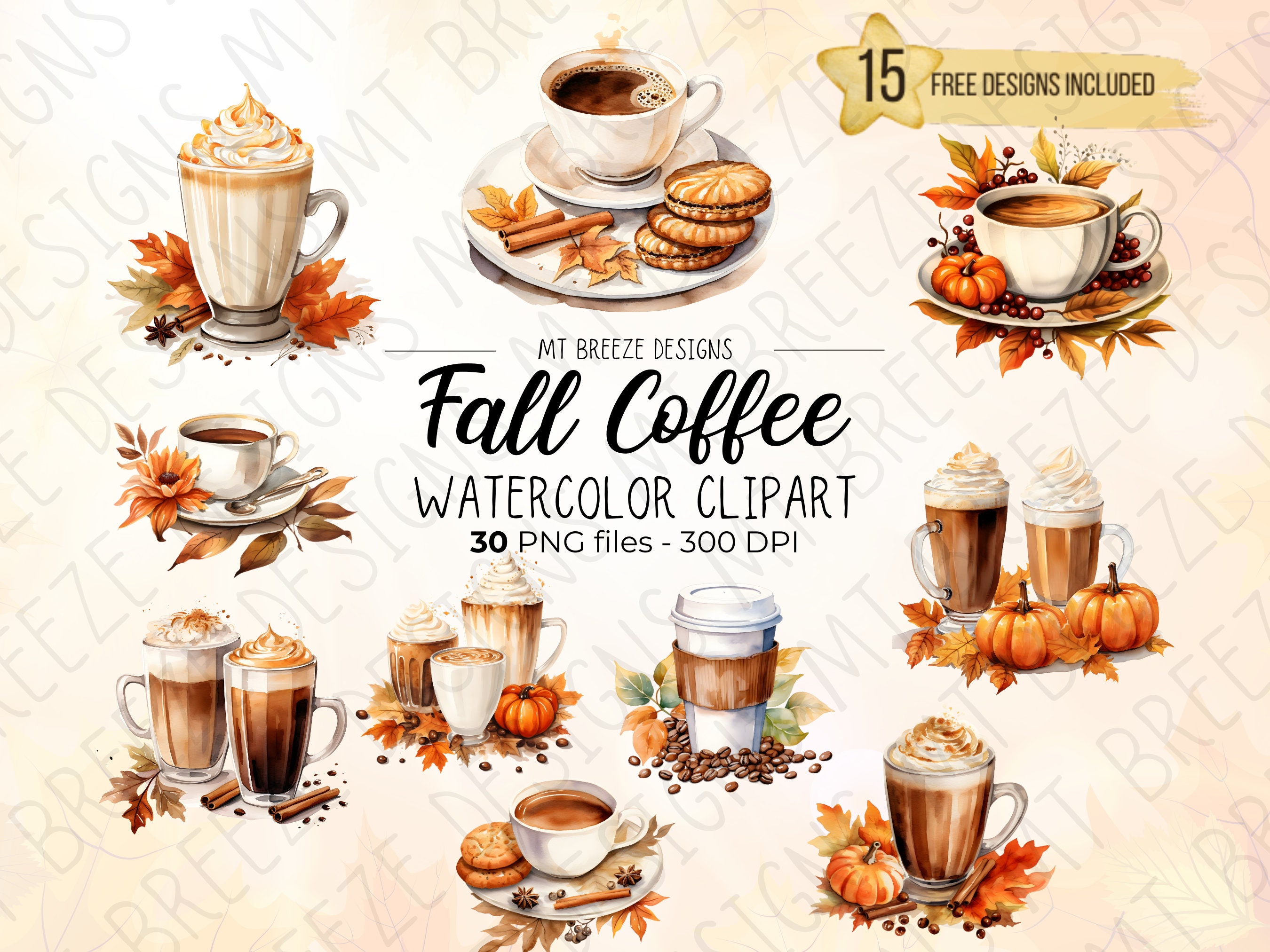 Fall Coffee Watercolor Clipart Set High Resolution Autumn - Etsy