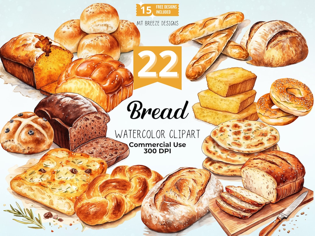 Bread Watercolor Clipart Set - 22 High Resolution Bread Baking Clip Art ...