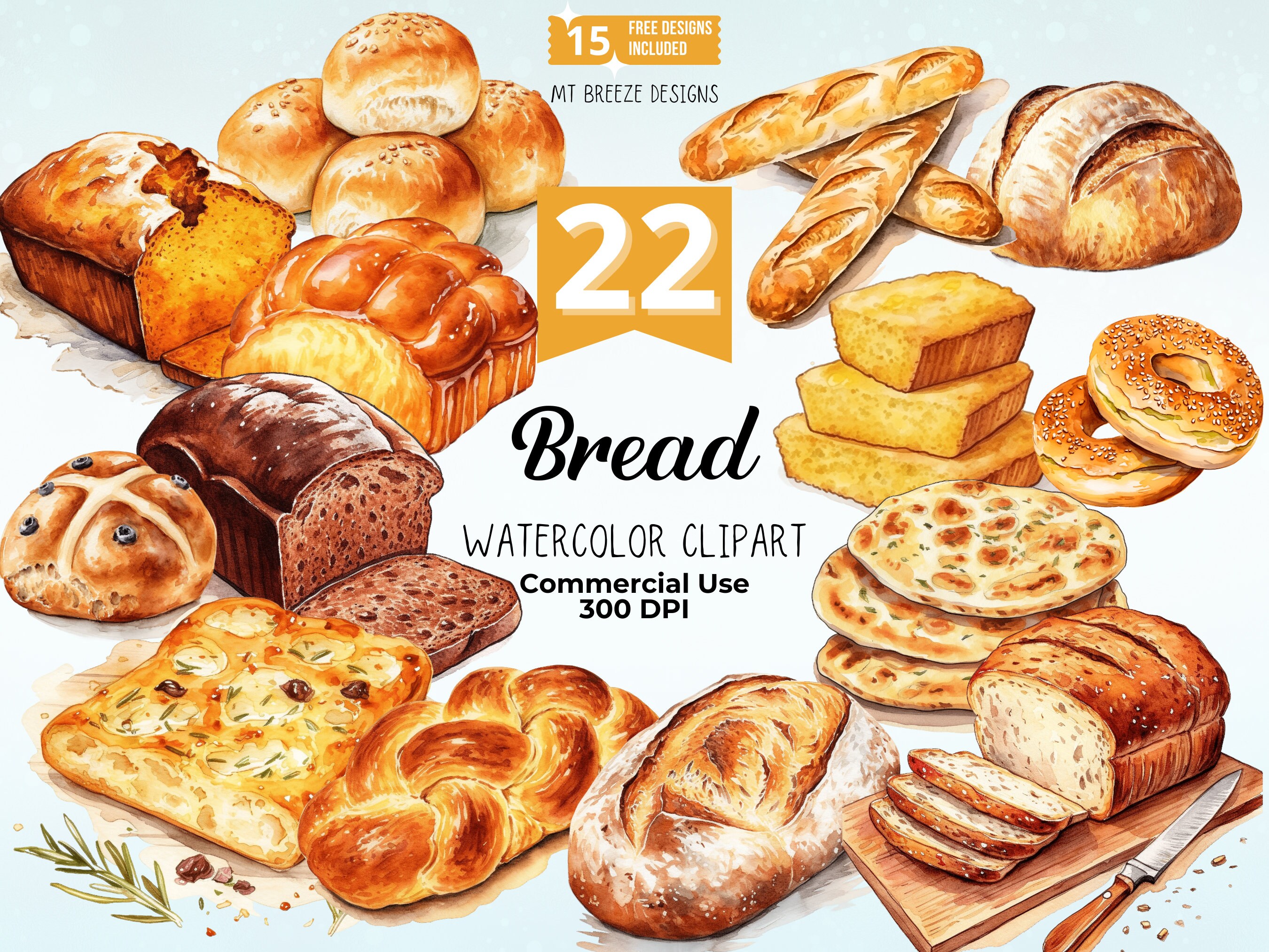 Bread Watercolor Clipart Set - 22 High Resolution Bread Baking Clip Art ...
