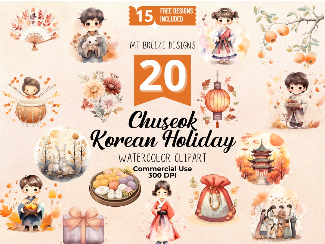 Korean Chuseok Holiday Watercolor Clipart Set - High Resolution Autumn ...