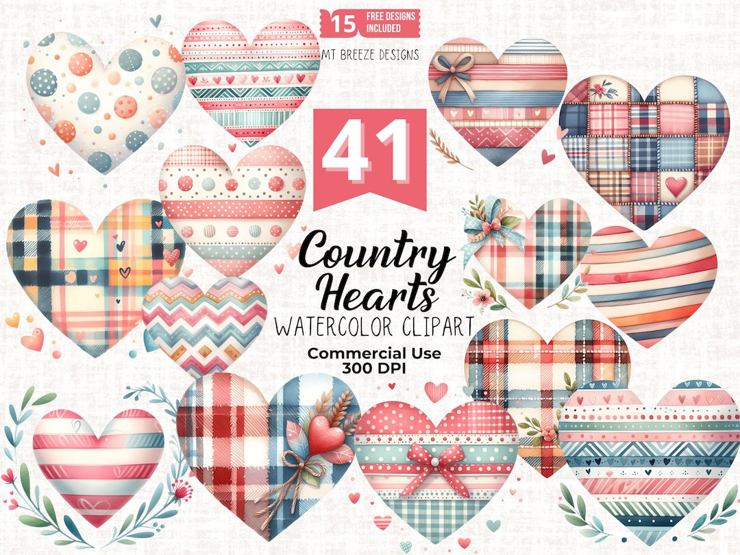 41 Country Hearts Watercolor Clipart Set, Cottagecore Valentine Heart ...
