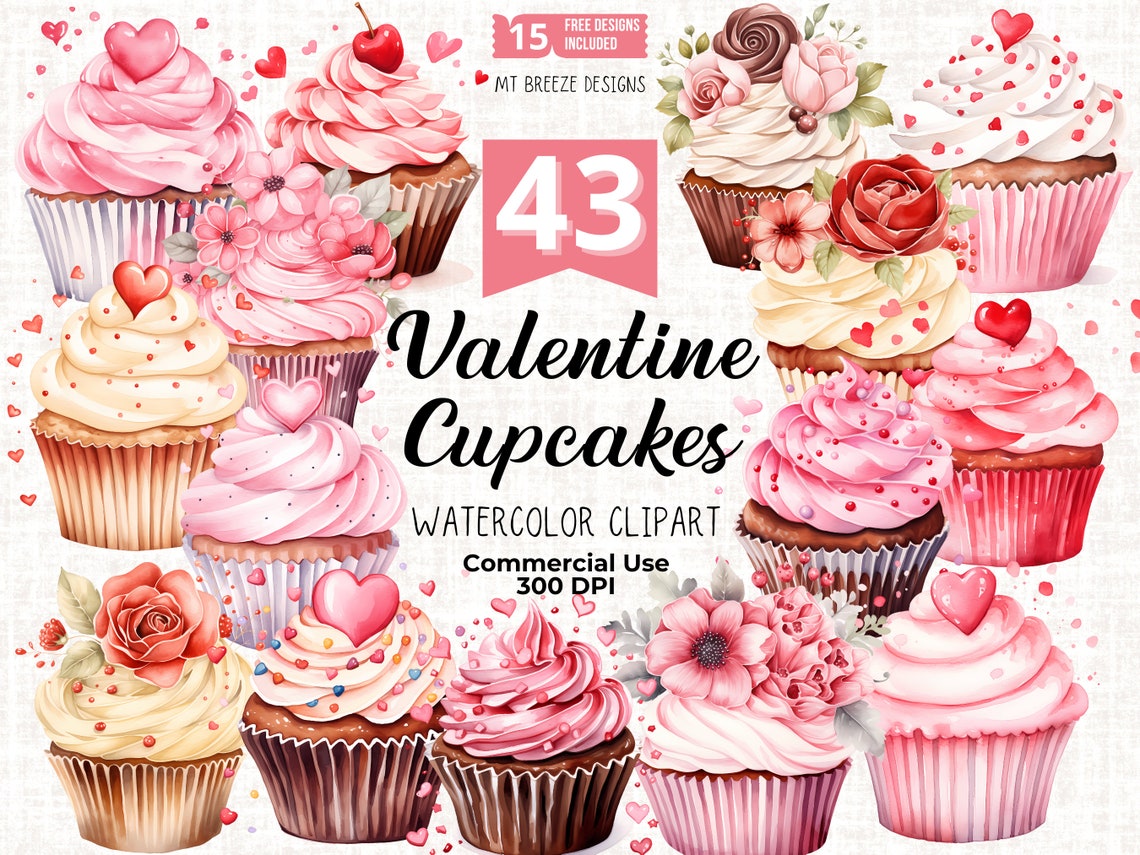 43 Valentine Cupcake Clipart Set Valentine Cupcake Dessert Clip Art PNG ...