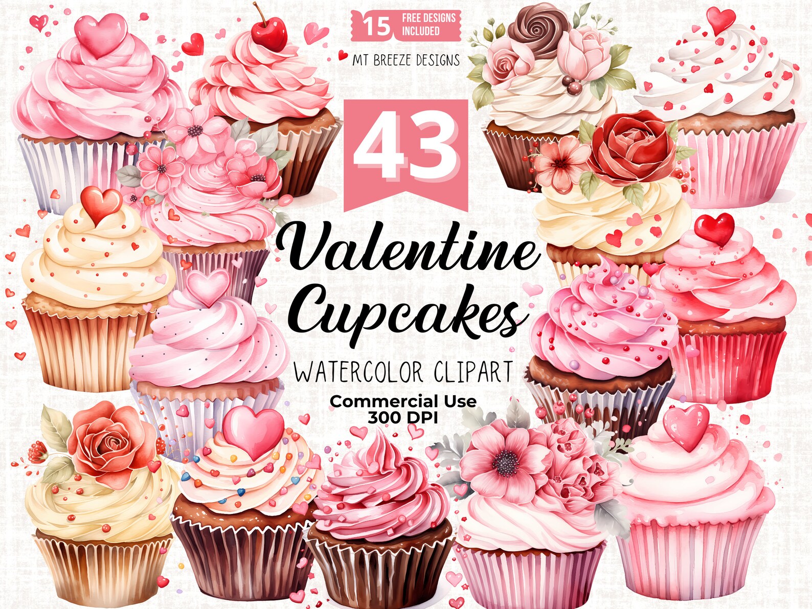 43 Valentine Cupcake Clipart Set - Valentine Cupcake Dessert Clip Art ...