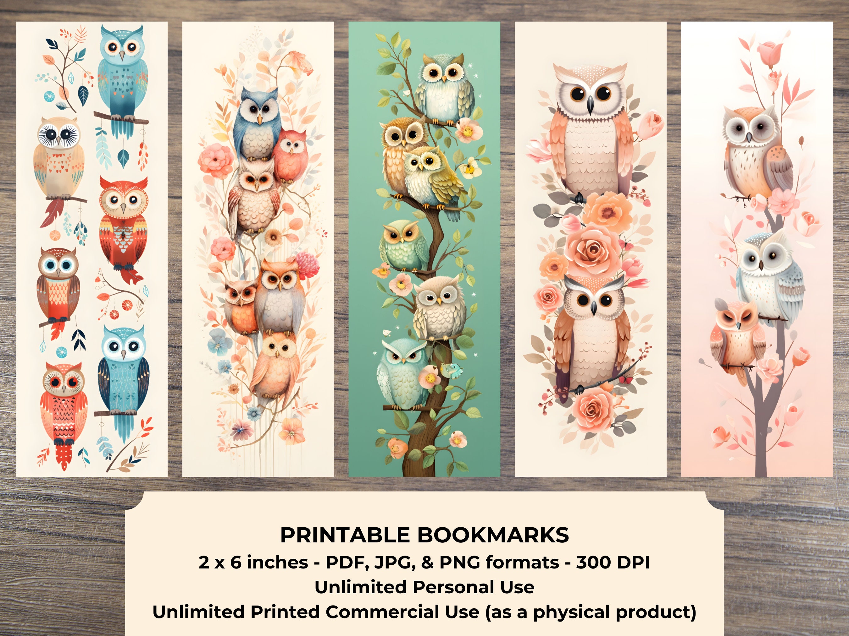 Boho Owls PRINTABLE Bookmarks, High Resolution Digital Download Floral ...