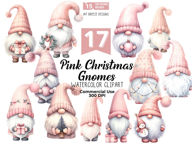 17 Pink Christmas Gnomes Clipart Set - High Resolution Pink Xmas Gnome ...