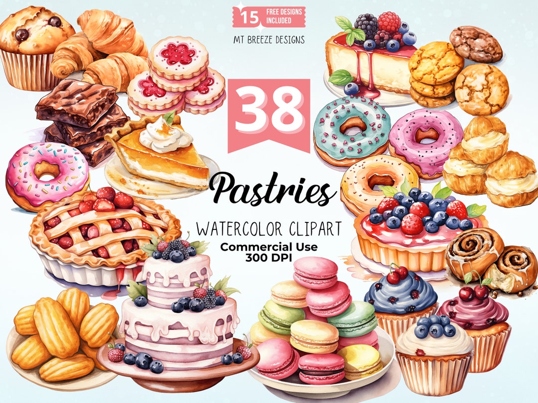 Pastries Watercolor Clipart Set - 38 High Resolution Cake & Dessert ...