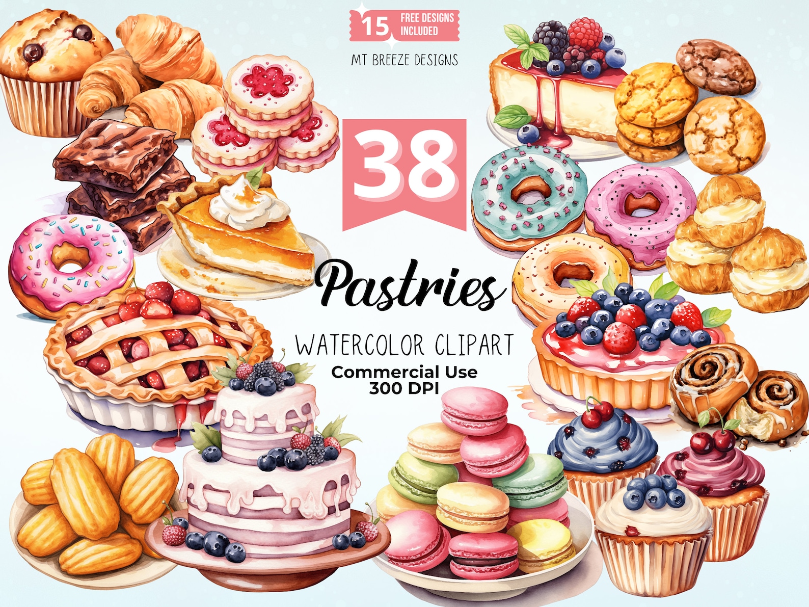 Pastries Watercolor Clipart Set - 38 High Resolution Cake & Dessert ...