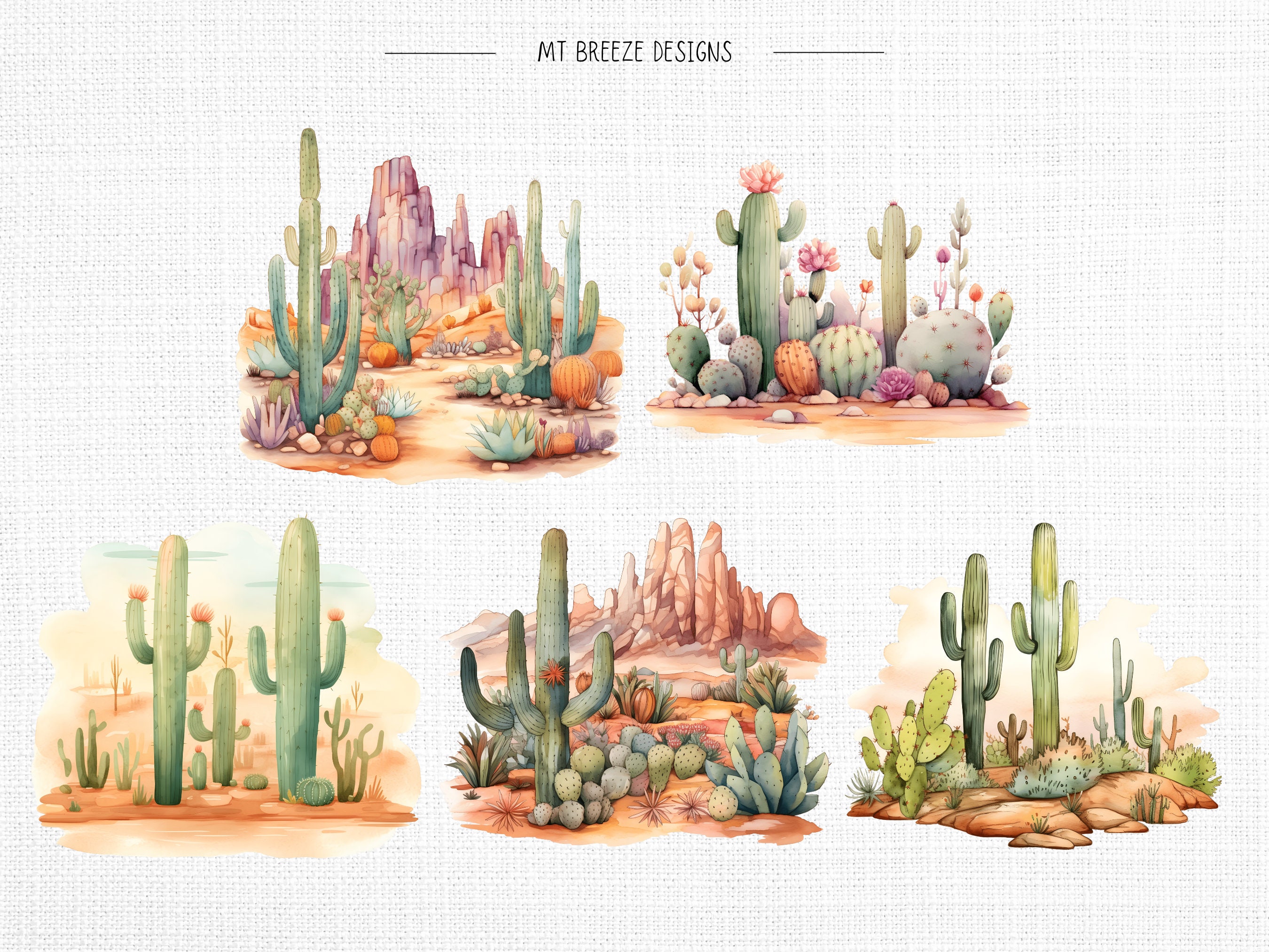 Cactus Desert Landscape Clipart Set High Resolution Cactus Watercolor ...