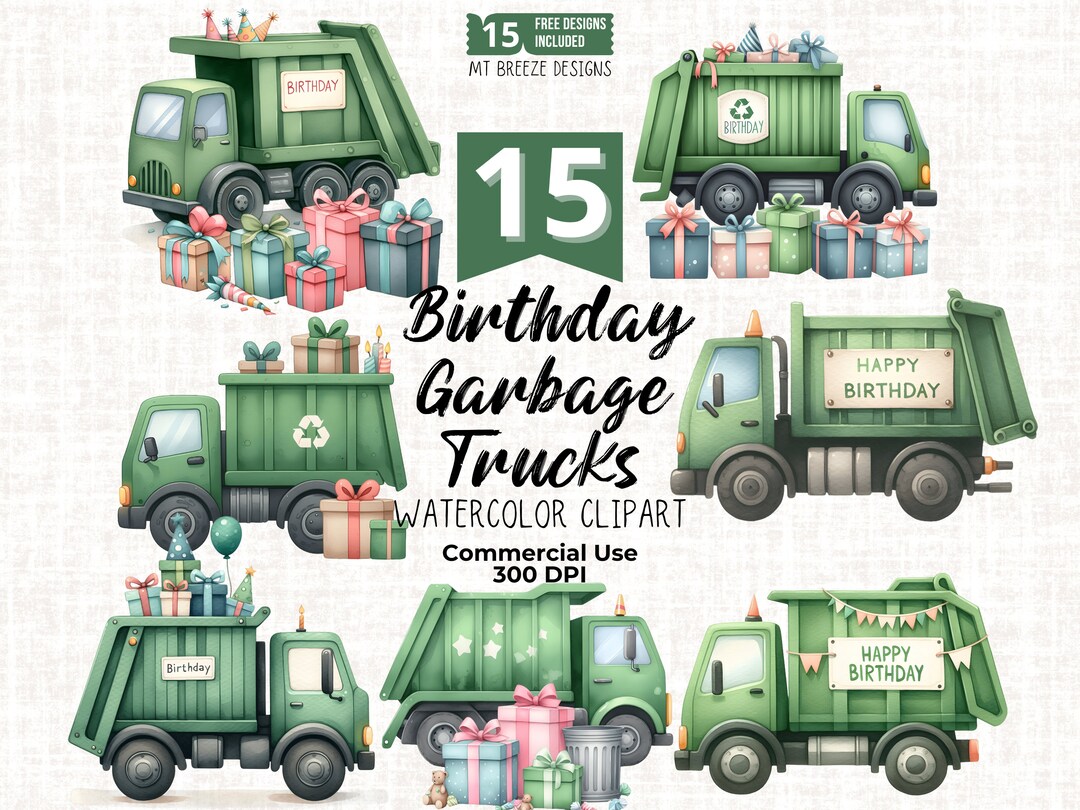 15 Birthday Garbage Trucks Clipart Set - Recycling Truck Clip Art PNG ...