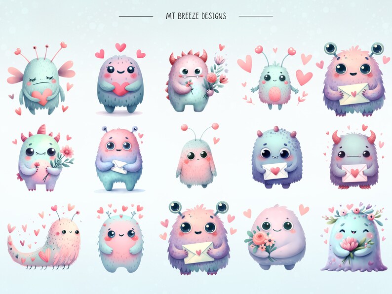 87 Valentine Monsters Watercolor Clipart Set, Cute Whimsical Alien Clip ...