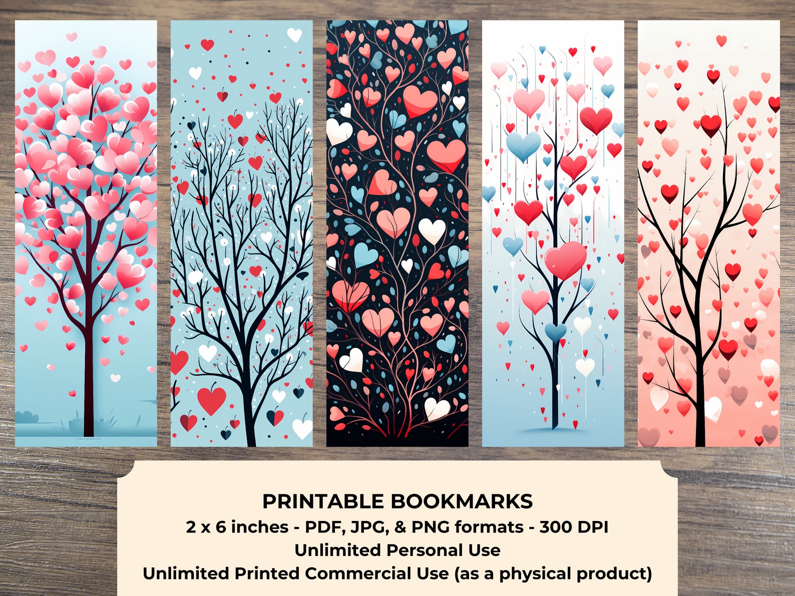 Whimsical Valentine Trees PRINTABLE Bookmarks, High Resolution Digital ...