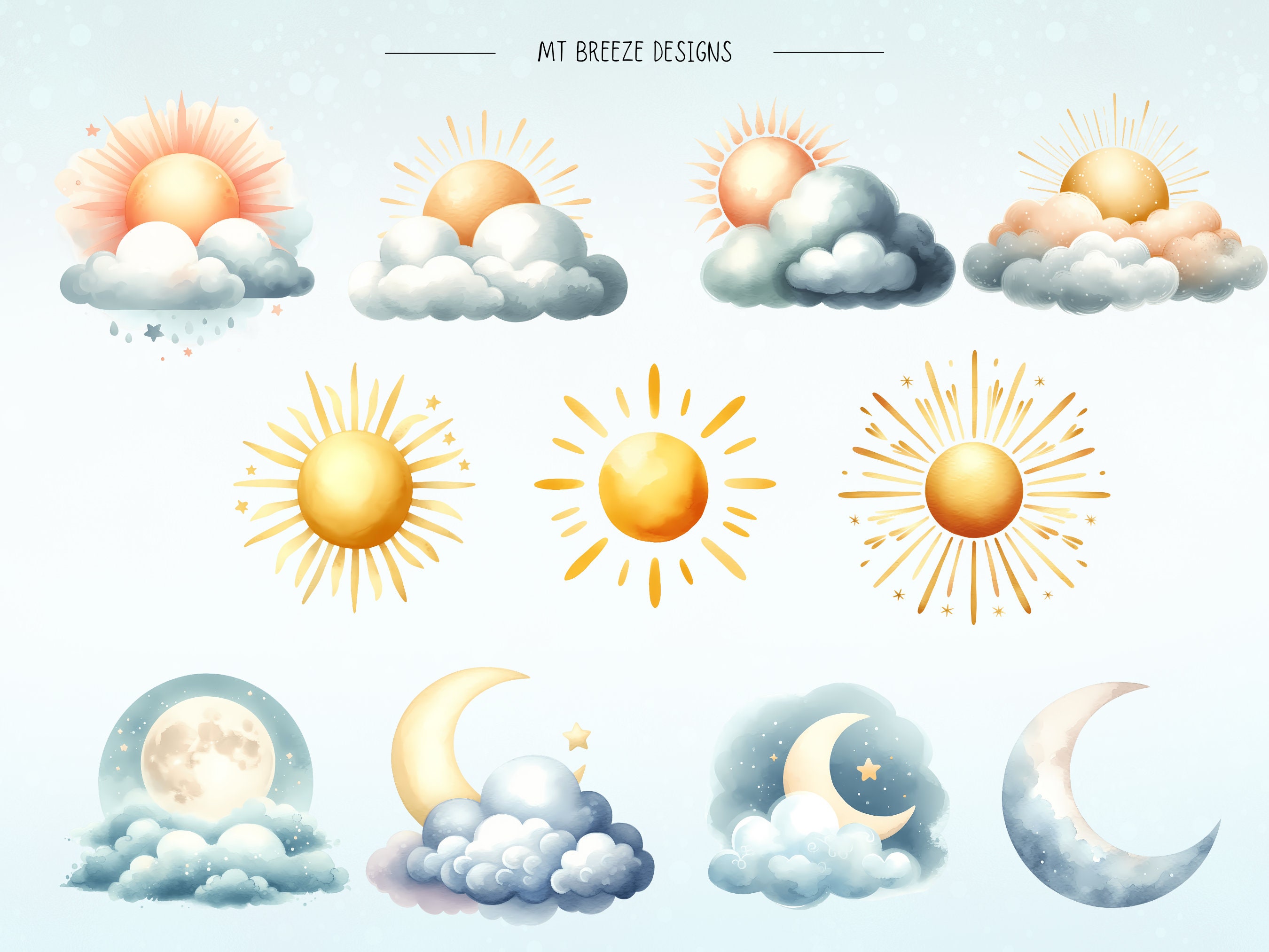 53 Weather Clipart Set - Cute Sun, Moon, and Rain Cloud Clip Art PNG ...